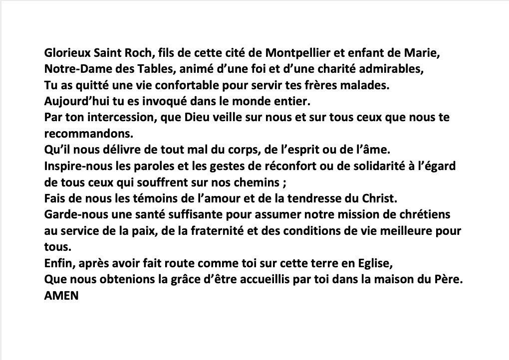 Prière à Saint Roch. - Paroisse Saint Sauveur en Gardiole